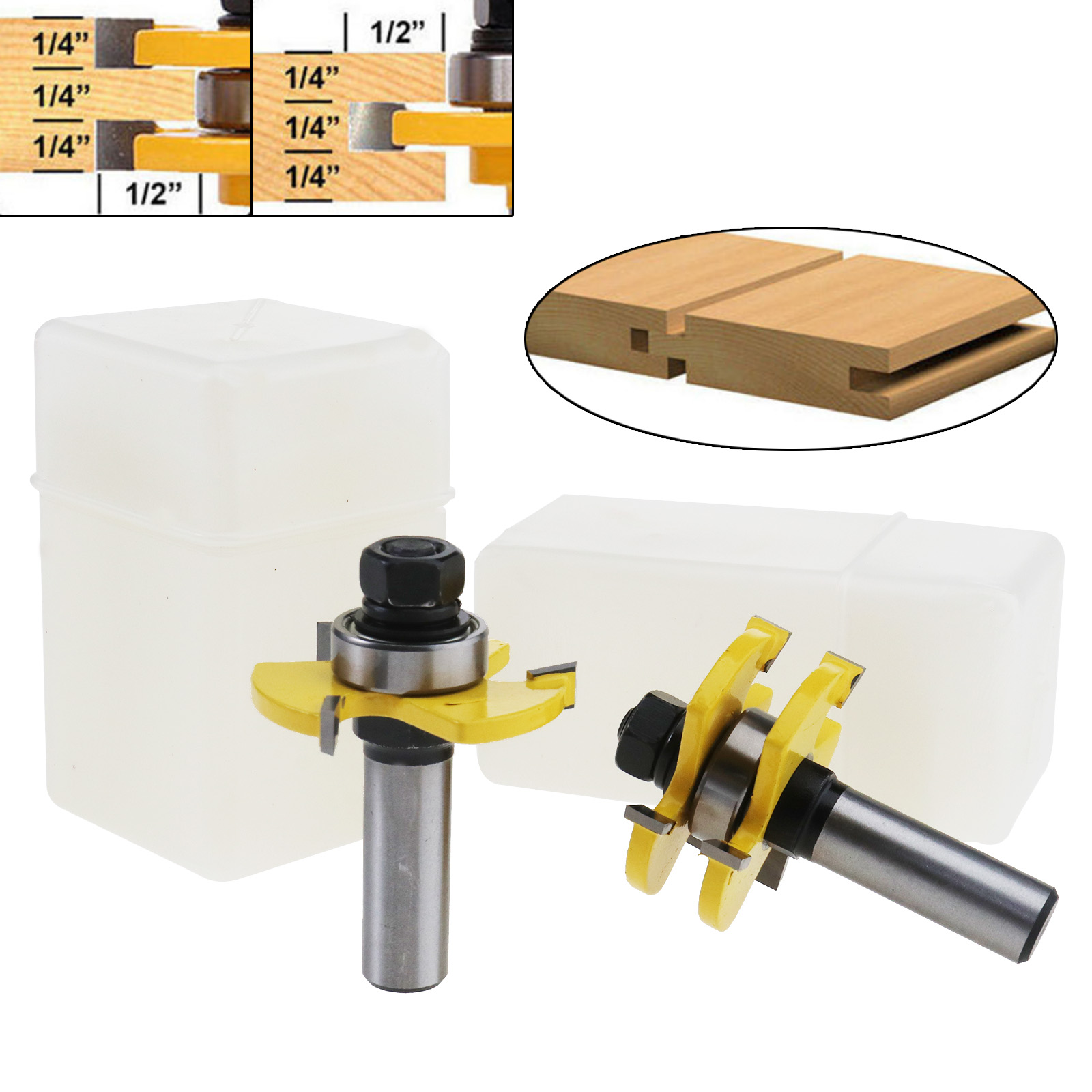 2X 1/2 Inch Shank Tongue & Groove Router Bit Set 3 Teeth T-shape Wood ...