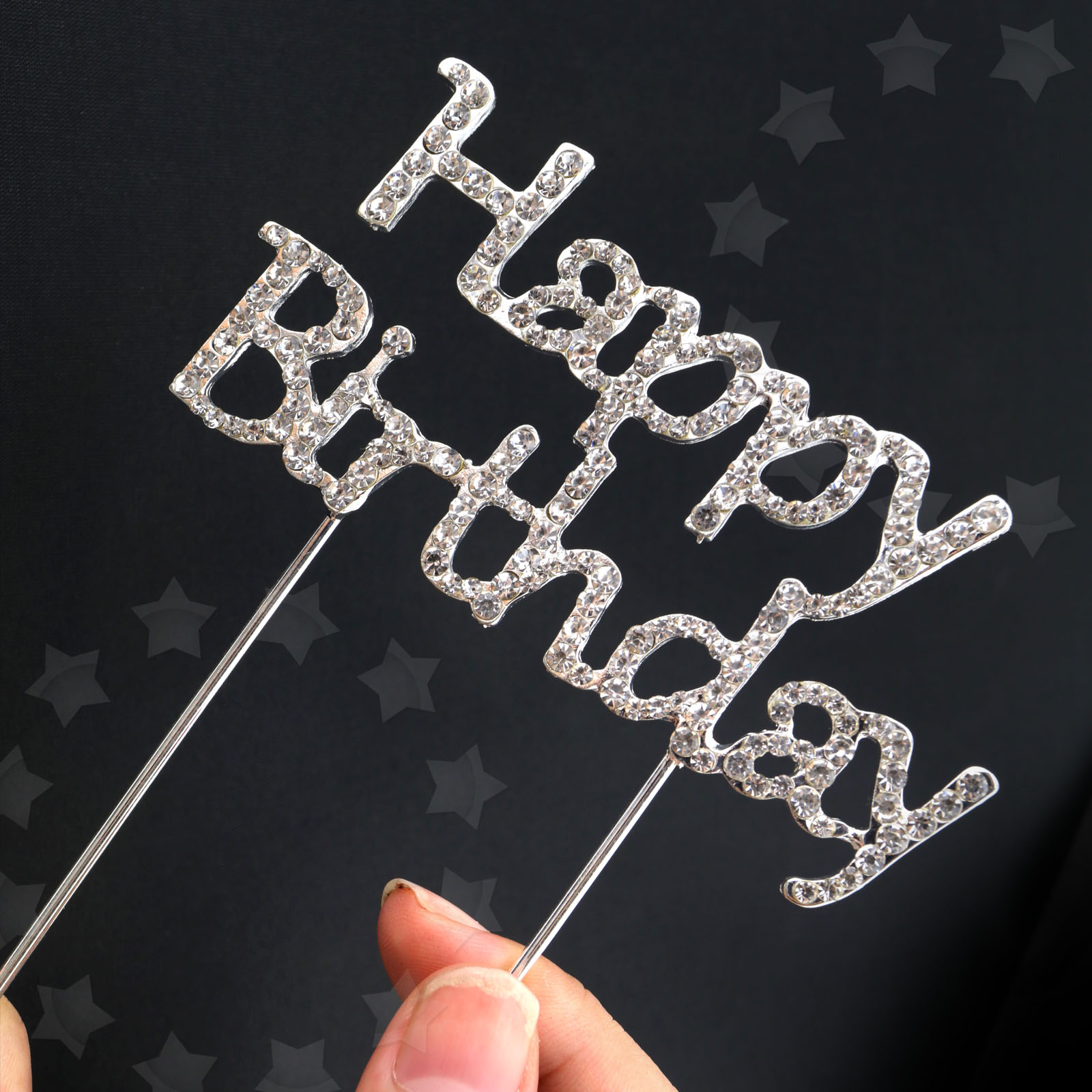 Happy Birthday Cake Pick Topper Silver Glitter Rhinestone Anniversary